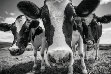 Black And White Cows Grazing In A Green Pasture Under A Clear Sky Stock