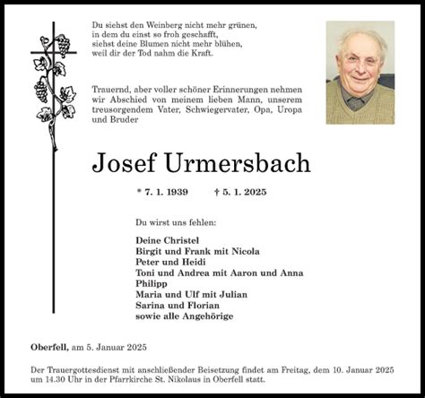 Traueranzeigen Von Josef Urmersbach Rz Trauer De