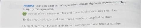 solved algebra translate each verbal expression into an