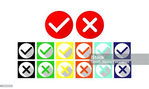 체크 마크 또는 진드기 분리 된 흰색 배경에 현대적인 색상 디자인 개념에 설정 된 교차 체크 표시 플랫 아이콘 Eps 10 벡터