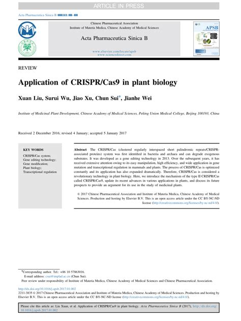 Pdf Application Of Crispr Cas9 In Plant Biology