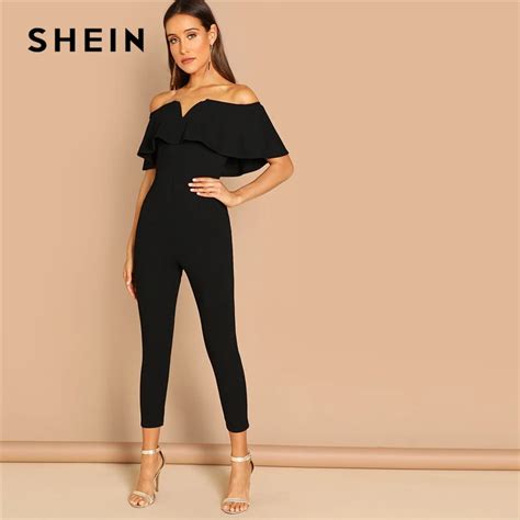 Shein Black Elegant Office Lady Solid Off Shoulder Short Sleeve Ruffle