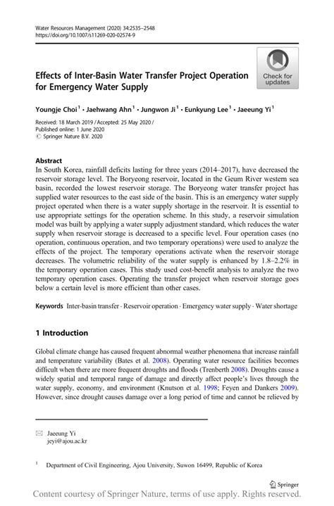 Effects Of Inter Basin Water Transfer Project Operation For Emergency Water Supply Request Pdf