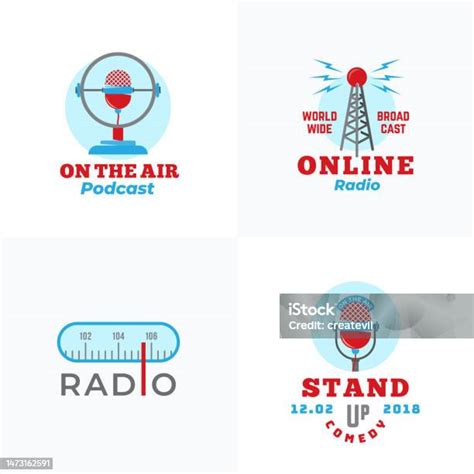 라디오 벡터 엠블럼 세트입니다 추상 방송 타워 팟캐스트 또는 스탠드업 코미디 마이크 표지판 템플릿 라디오 스케일 및 공중 기호 벡터에 대한 스톡 벡터 아트 및 기타 이미지