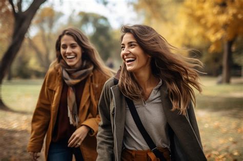 Premium Ai Image Two Friends Walking Together In The Park Sharing