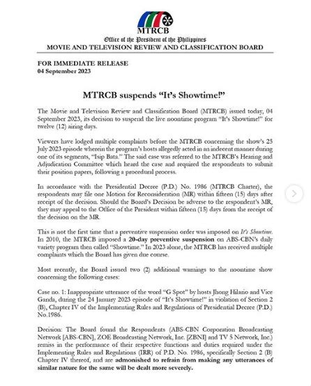 Mtrcb Suspends Abs Cbns Its Showtime Newsfeed