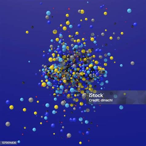 밝은 다채로운 입자가 날고 있습니다 파란색 배경입니다 추상 일러스트레이션 3d 렌더링 3차원 형태에 대한 스톡 사진 및 기타 이미지 Istock