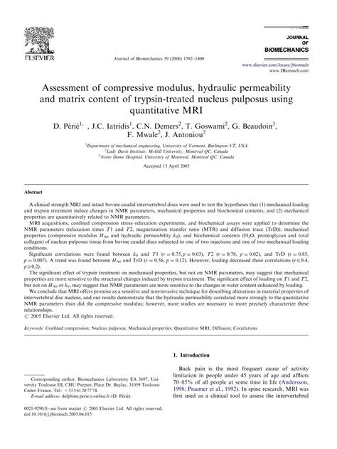 Pdf Assessment Of Compressive Modulus Hydraulic Permeability And Matrix Content Of Trypsin