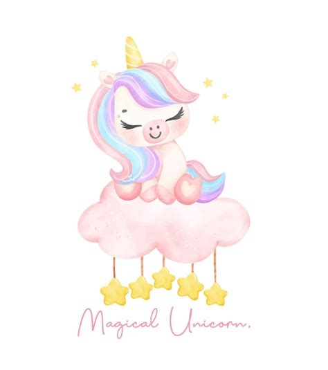 Premium Vector Cute Unicorn Sitting On Cloud Watercolor Dreamy