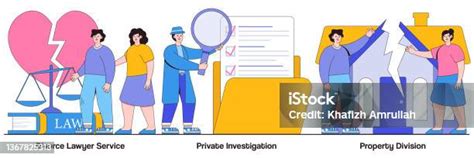 이혼 변호사 개인 조사 작은 사람들과 재산 부문 개념 법률 서비스 및 조사 벡터 일러스트 레이션 세트 가족 변호사 형사 기관 분리 은유 Criminal