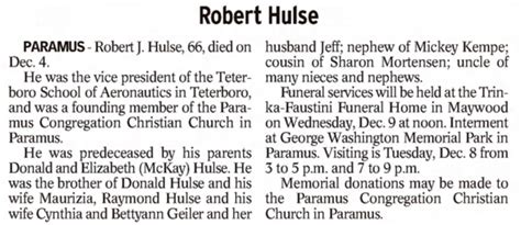 Robert Hulse Deceased Paramus Nj New Jersey