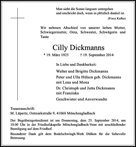 Alle Traueranzeigen Für Cilly Dickmanns Trauer Rp Online De