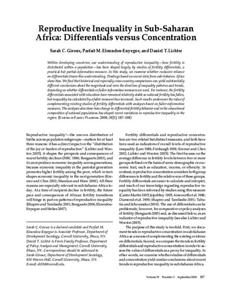 Pdf Reproductive Inequality In Sub Saharan Africa Differentials