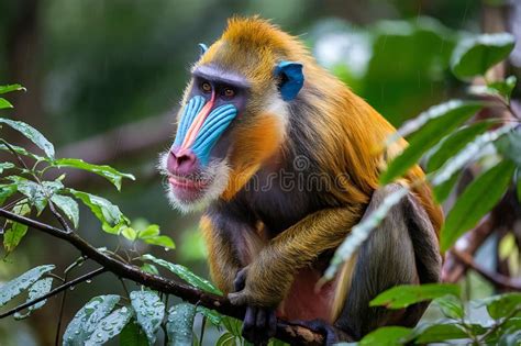 Magnificent Mandrill Primate In Lush Rainforest Habitat Stock