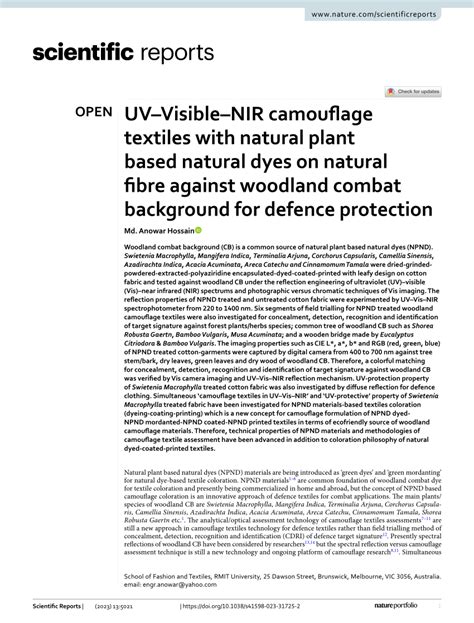 Pdf Uv Visible Nir Camouflage Textiles With Natural Plant Based Natural Dyes On Natural Fibre
