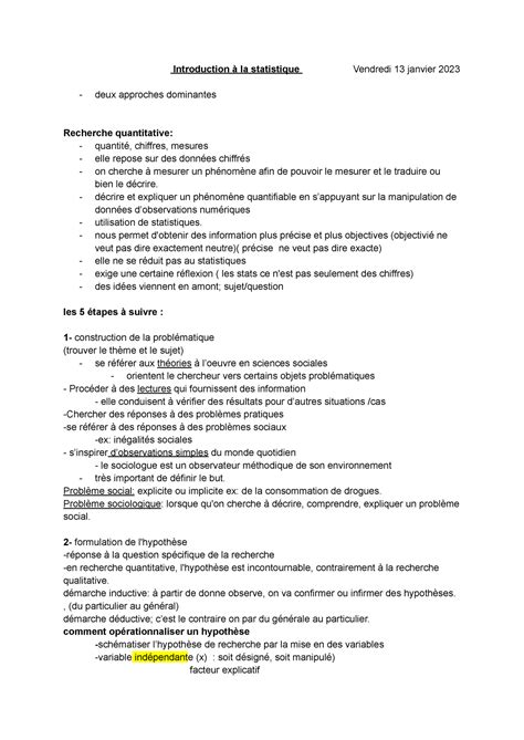Intro à La Stats Note De Cours 1 2 Introduction à La Statistique