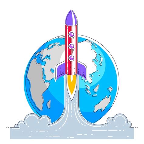 미지의 공간으로 행성 지구에 로켓 발사 우주 숨막히는 우주 과학을 탐험하세요 얇은 라인 3d 벡터 일러스트 레이 션 흰색 절연입니다 프리미엄 벡터