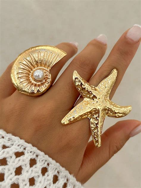 1 Stück Vintage Bohemian Metalsternfisch And Seashell Ring Dicker Gold