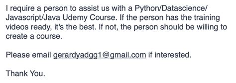 I Require A Person To Assist Us With A Pythondatasciencejavascriptjava Udemy Course If The