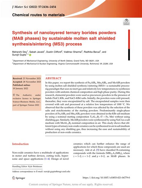 Synthesis Of Nanolayered Ternary Borides Powders Mab Phases By Sustainable Molten Salt