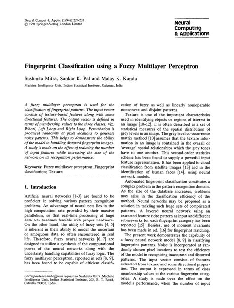 Pdf Fingerprint Classification Using A Fuzzy Multilayer Perceptron