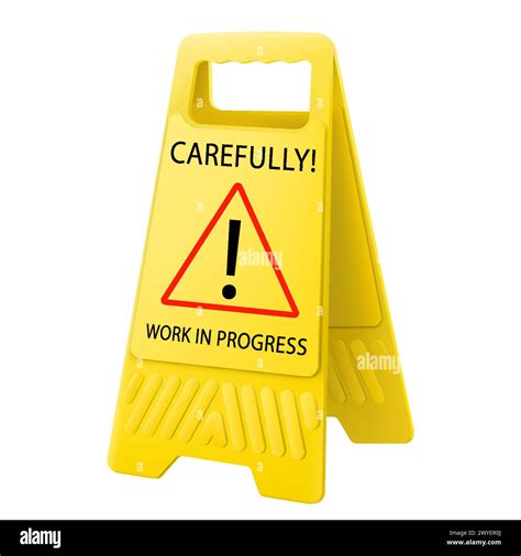 Carefully Work In Progress Exclamation Mark Icon On Plastic Yellow Board Isolated On White