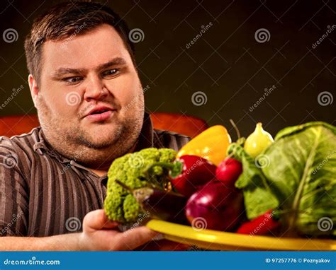 Diet Fat Man Eating Healthy Food Healthy Breakfast With Vegetables