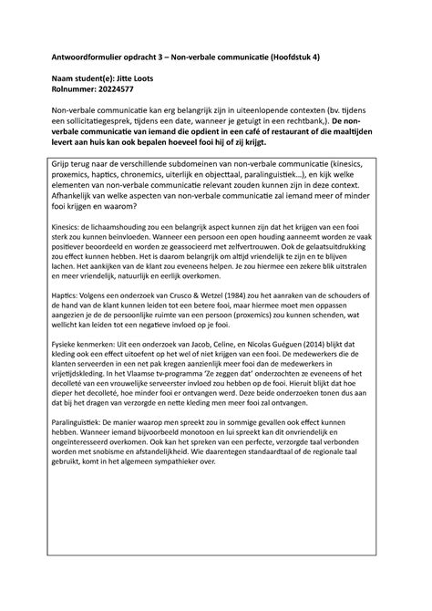 Antwoordformulier Opdracht 3 Non Verbale Communicatie