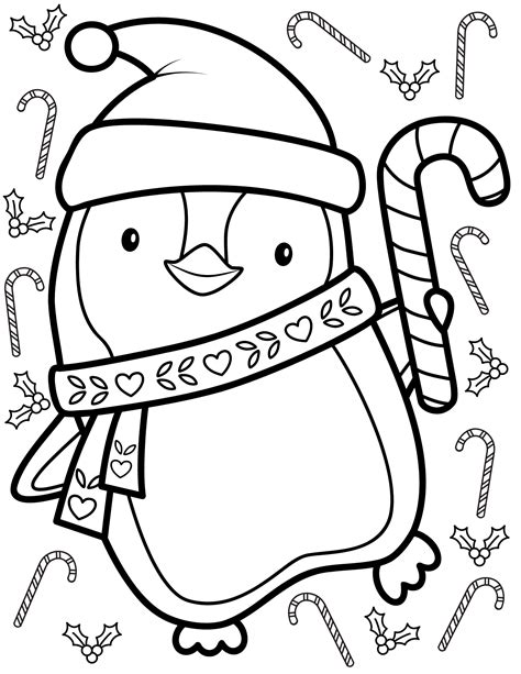 Penguin Holding A Candy Cane And Wearing A Santa Claus Hat Coloring Pages Christmas Coloring Pages
