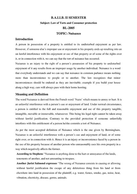 Ba Llb Ii Sem Law Of Torts Bl 2005 Lecture On Nuisance Ba Ii