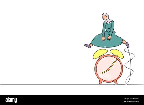 Single Continuous Line Drawing Arabian Businesswoman Jump Over Alarm Clock Business Deadline Or