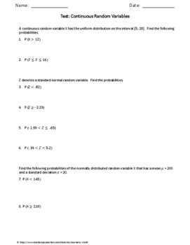 Statistics Test Continuous Random Variables By My Geometry World