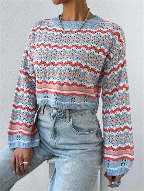 Shein Qutie Chevron Pattern Pointelle Knit Drop Shoulder Sweater