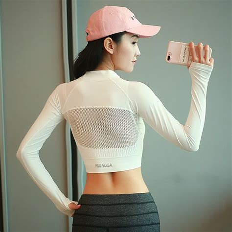 Women Sexy Mesh Yoga Crop Tops Yoga Shirts Long Sleeve Workout Tops