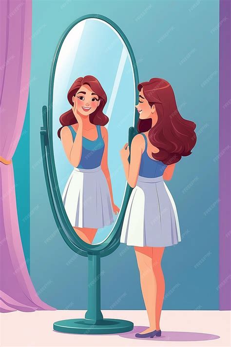 Premium Photo Woman At Mirror Mirrored Happy Girl Cartoon Reflected