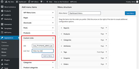 add view user site and log out buttons on the frontend dashboard