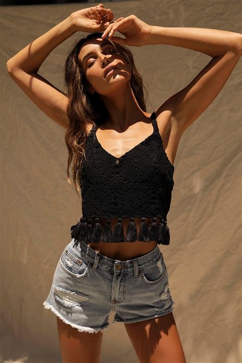 Boho Black Crochet Crop Top Crochet Lace Top Tasseled Top Lulus
