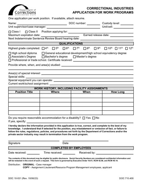 Form Doc10 031 Correctional Industries Application For Work Programs