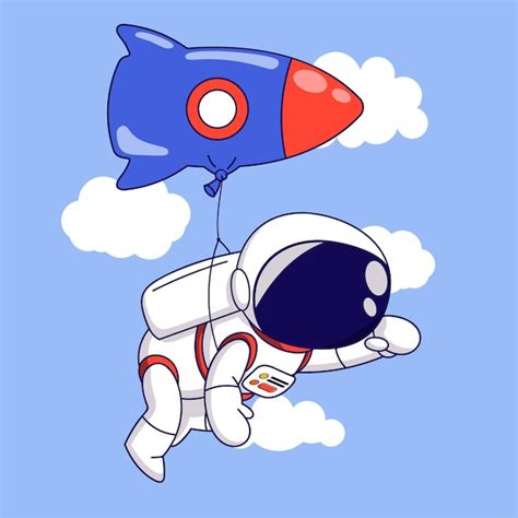 로켓 풍선 벡터 일러스트와 함께 하늘을 나는 귀여운 만화 우주 비행사 프리미엄 벡터