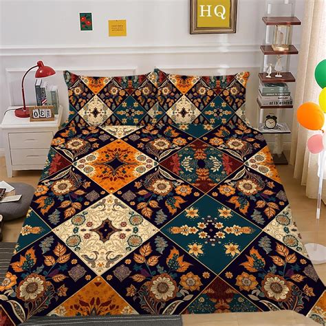 Yjhdm Bohemian Bedding Set 3d Checkered Flower Duvet Cover Pillowcase 2