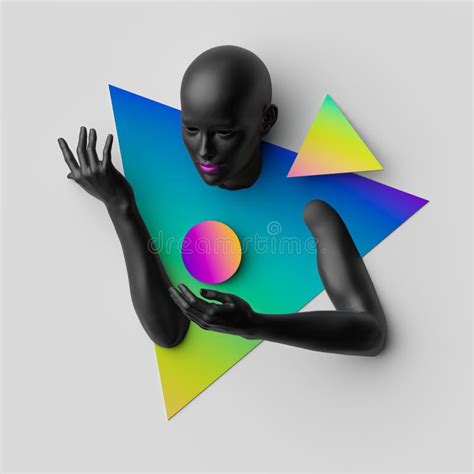 3d Rendering Abstract Surreal Collage With Colorful Geometric Shapes Black Mannequin Body