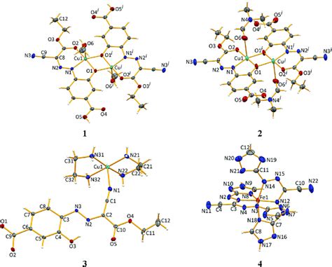 X Ray Molecular Structures Of Complexes 1 4 With Partial Atom Numbering