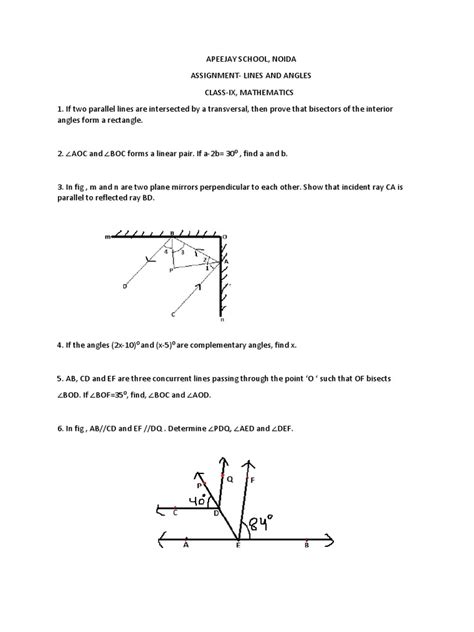 Assignment On Lines And Angles 1 Class 9 Ncert Pdf