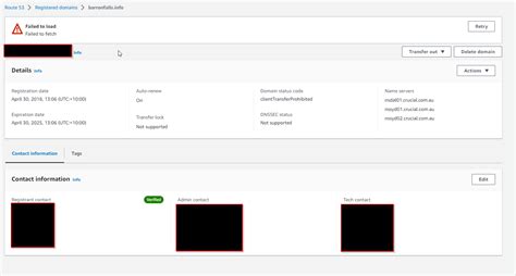 all registered domains in route 53 showing as failed to load failed