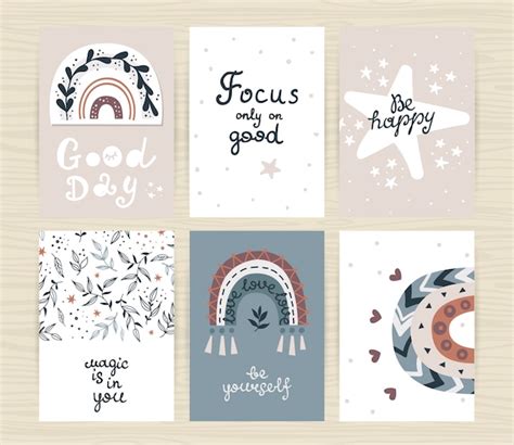 Boho 무지개와 비문 포스터의 설정 프리미엄 벡터