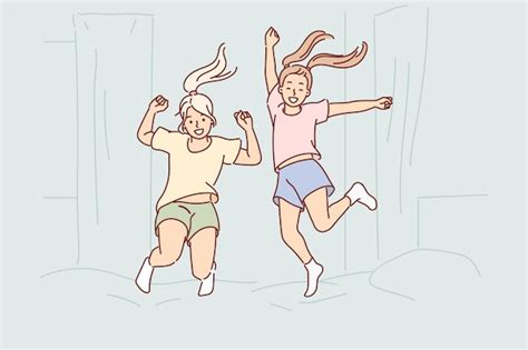 Premium Vector Cheerful Girls Are Jumping On Bed In Bedroom Not