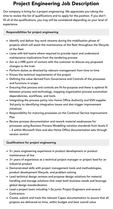 Project Engineering Job Description Velvet Jobs