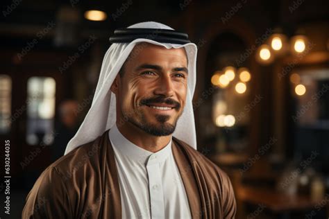 Arabic Man Indoor Smiling While Wearing Traditional White Shemagh Gown