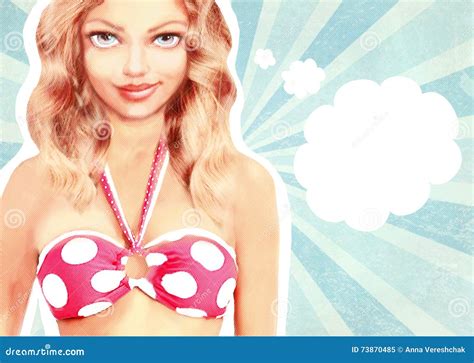 Comic Illustration Of Sexy Blonde Smiling Young Bikini Girl With Long