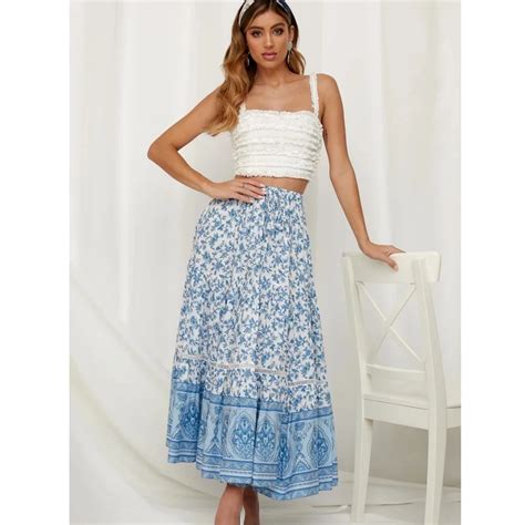 Ceramics Blue Maxi Skirt High Waist Big Hem Vintage Skirts Summer Women Clothes Floral Print